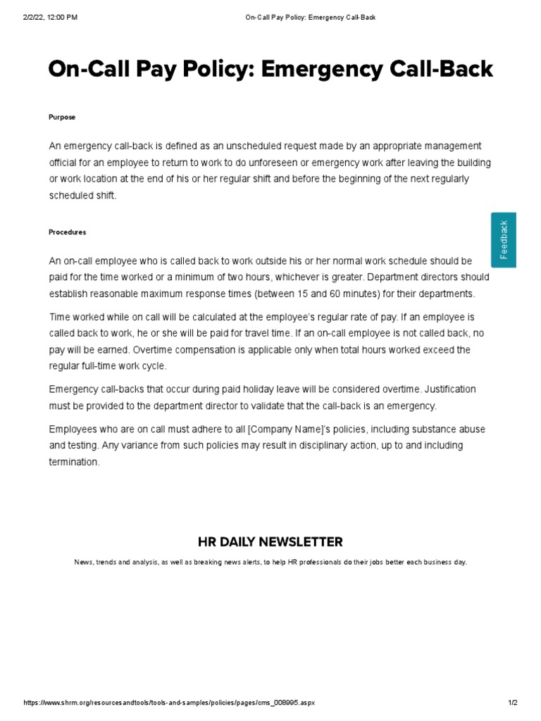 On-Call Pay Policy - Emergency Call-Back | PDF | Overtime | Labor