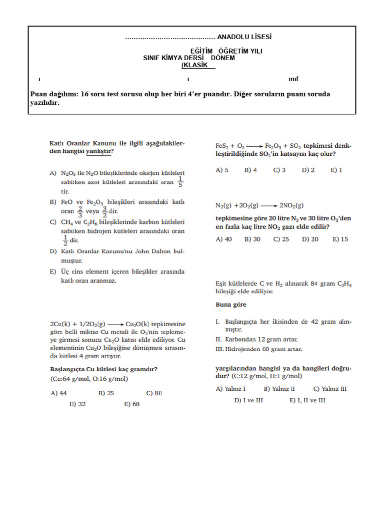 10.sinif Ki̇mya 1.dönem 2.yazili Sorular (Klasi̇k 3) | PDF