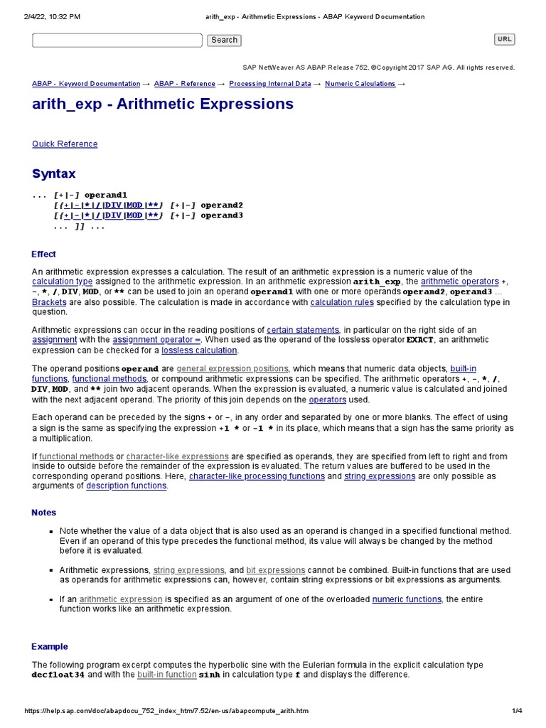 Arith - Exp - Arithmetic Expressions - ABAP Keyword Documentation | PDF ...
