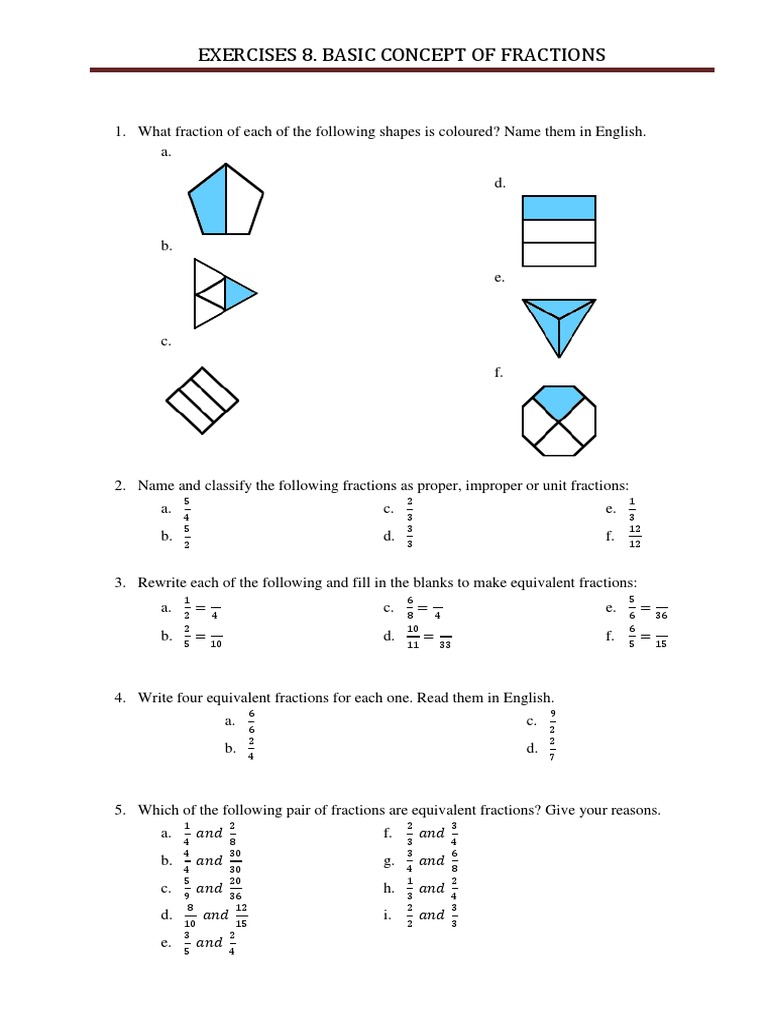 Basic Concepts of Fractions Exercises | PDF | Division (Mathematics ...