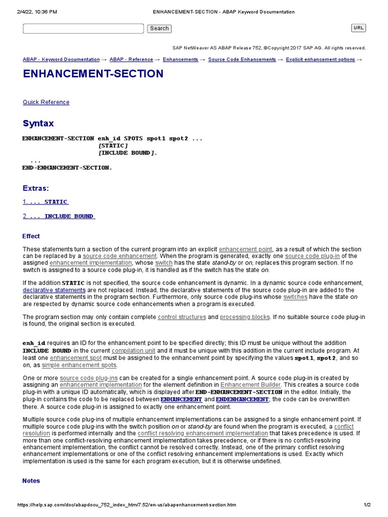 ENHANCEMENT-SECTION - ABAP Keyword Documentation | PDF | Computing ...