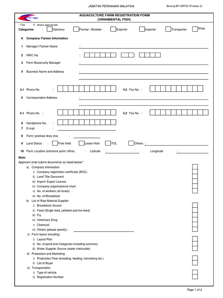 Categories: Aquaculture Farm Registration Form (Ornamental Fish) | PDF ...