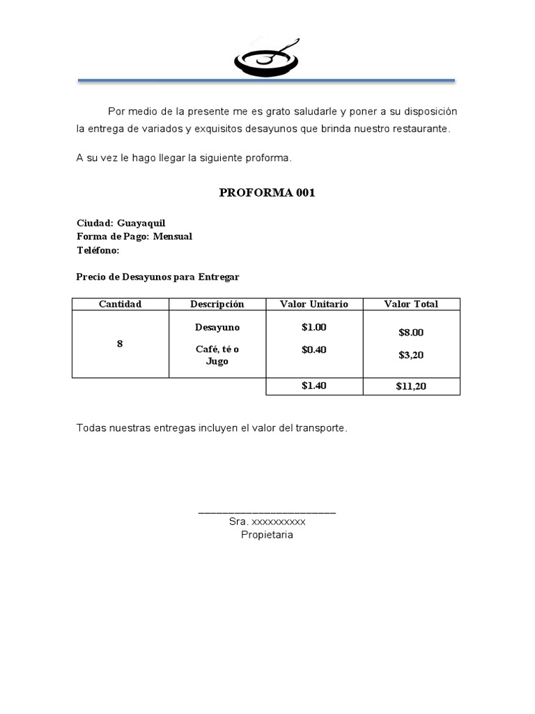 Proforma Desayunos | PDF