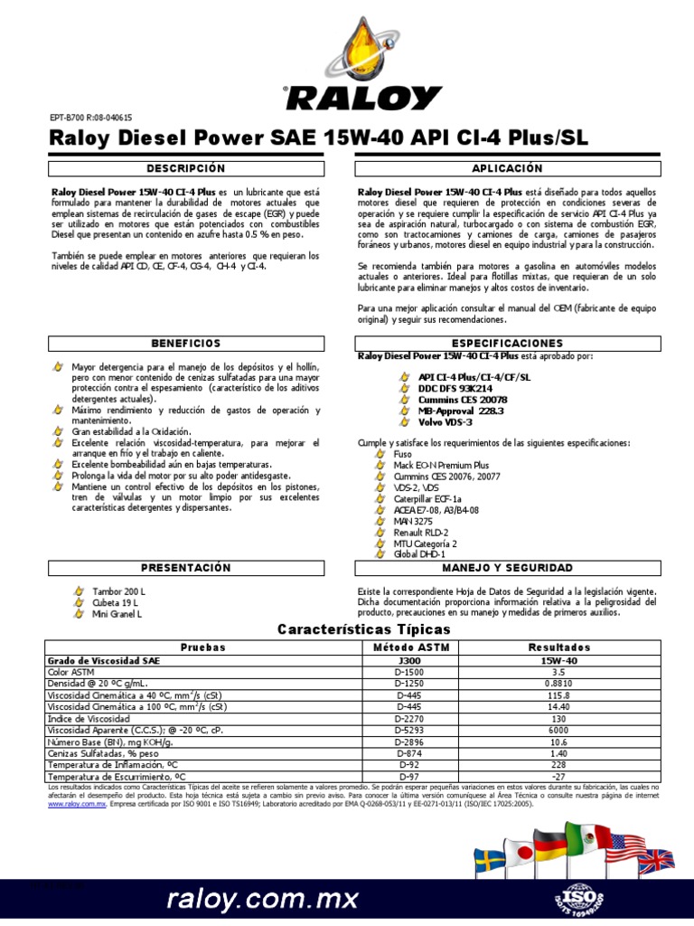 Raloy Diesel Power SAE 15W-40 API CI4 Plus-SL | PDF | Motor diesel | Lubricante