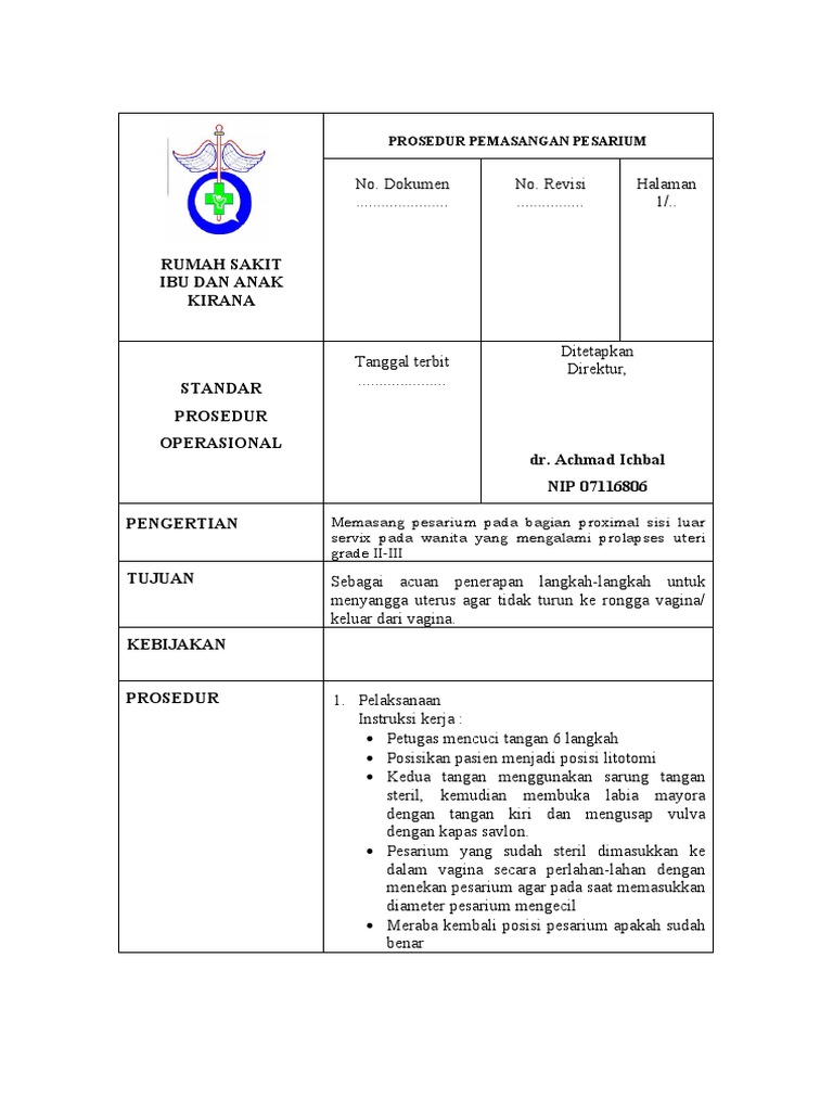 Prosedur Pemasangan Pesarium Uteri | PDF | Kesehatan Holistik