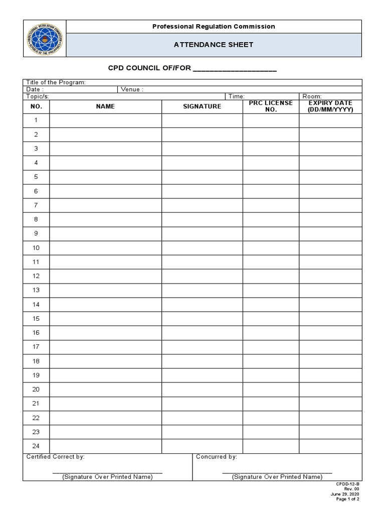 Attendance Sheet For PRC CPD Activity | PDF