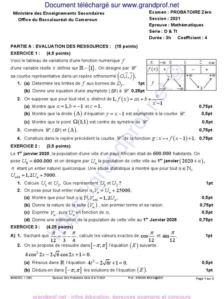 PROBATOIRE BLANC Serie D 2021 | PDF | Mathématiques