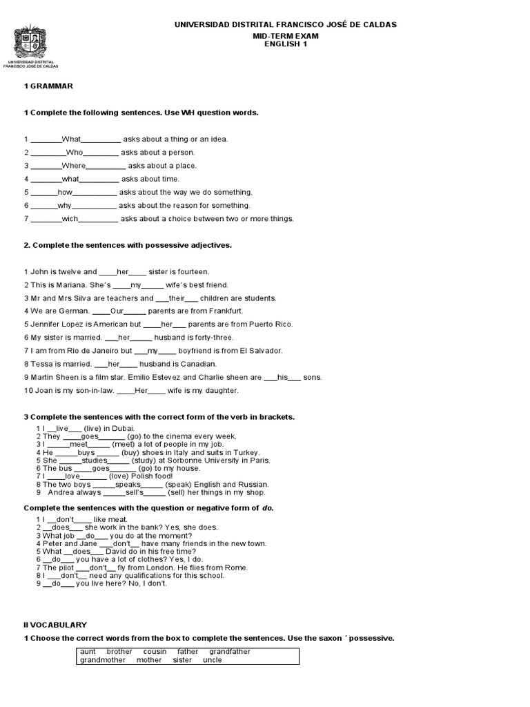 Mid-Term Exam English 1 | PDF