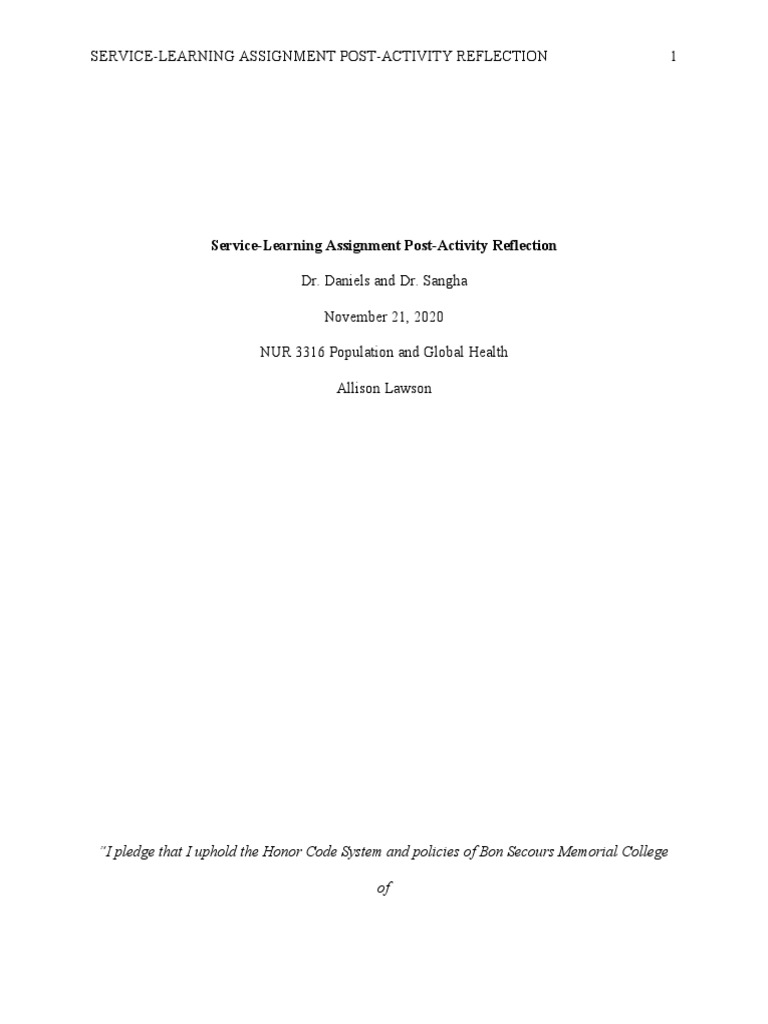 3316 Service Learning Post Reflection | PDF | Service Learning | Foods