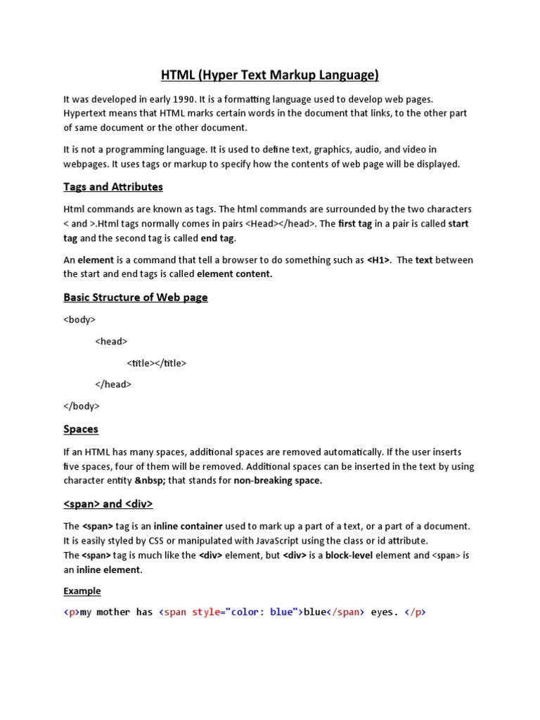 HTML (Hyper Text Markup Language) : Tags and Attributes | PDF | Html ...