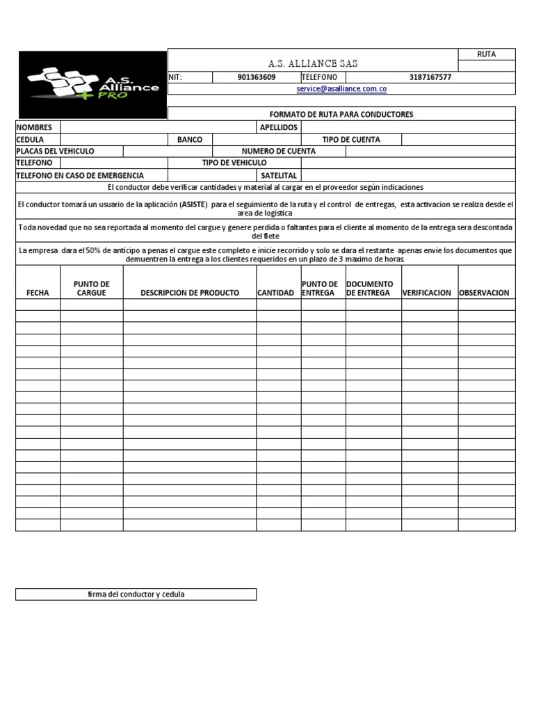 Formato de ruta para conductores de transporte de carga que incluye ...