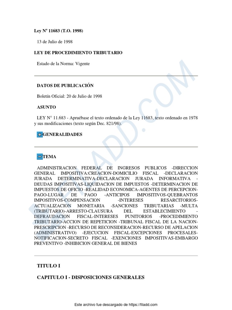 Ley 11683 - Procedimiento Tributario | PDF | Impuestos | Impuesto sobre ... Ley 11683 - Procedimiento Tributario | PDF | Impuestos | Impuesto sobre ...
