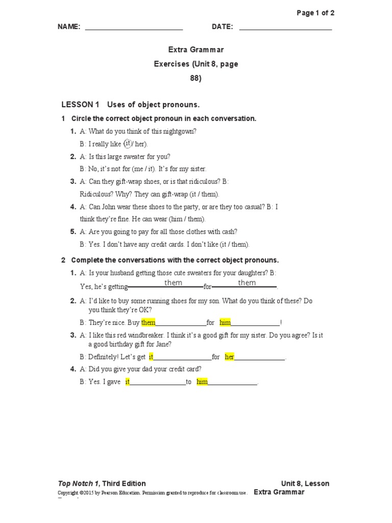 UNIT - 08 - Extra - Gram - Exercise - Object Pronoun | PDF | Linguistics