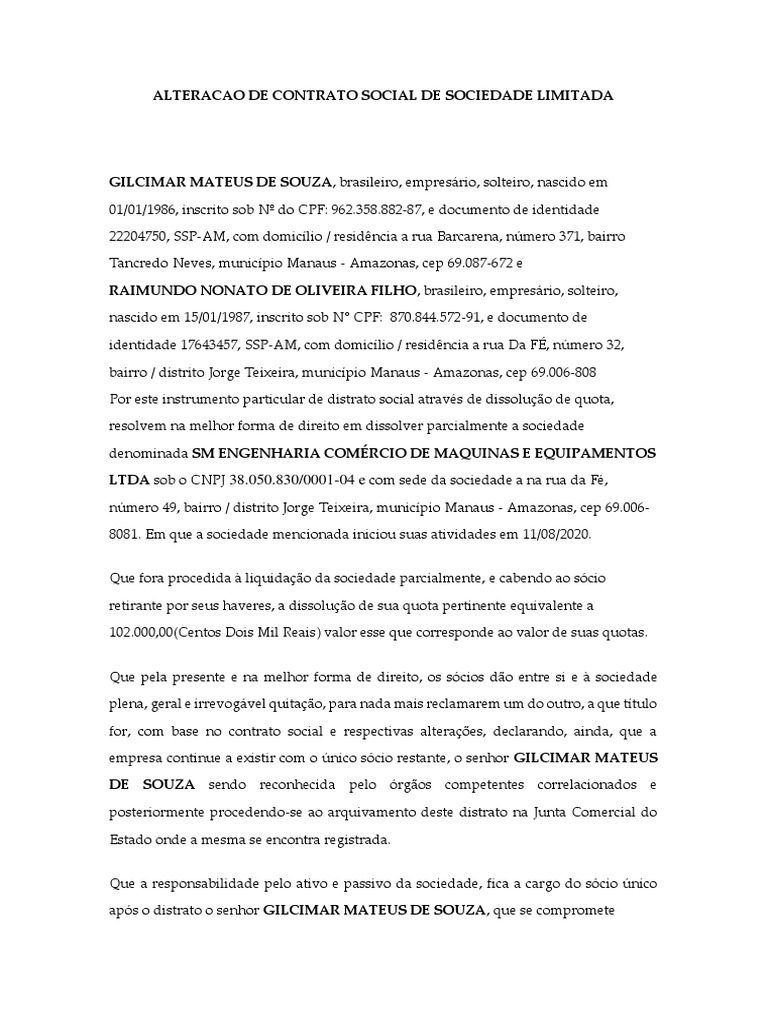 Modelo de Distrato Social (Sociedade Limitada) | PDF