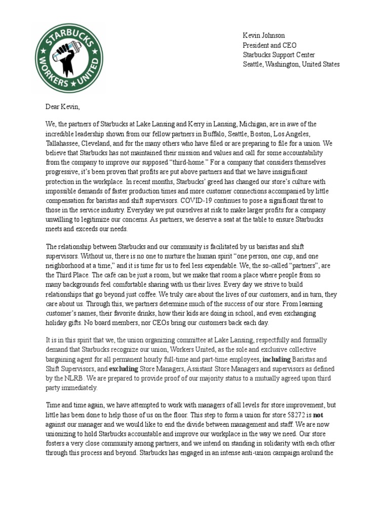 Letter To CEO Kevin Johnson | PDF | Starbucks | Union Busting