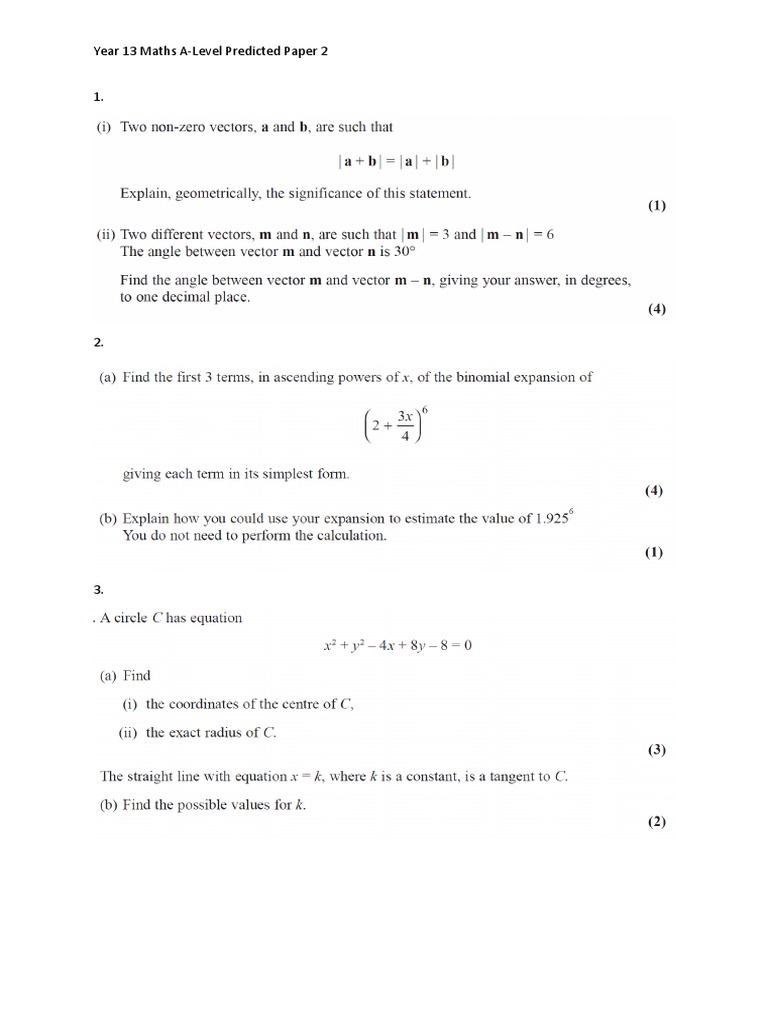 Y13 Maths A-Level Perdicted Paper 2 | PDF | Sine | Area