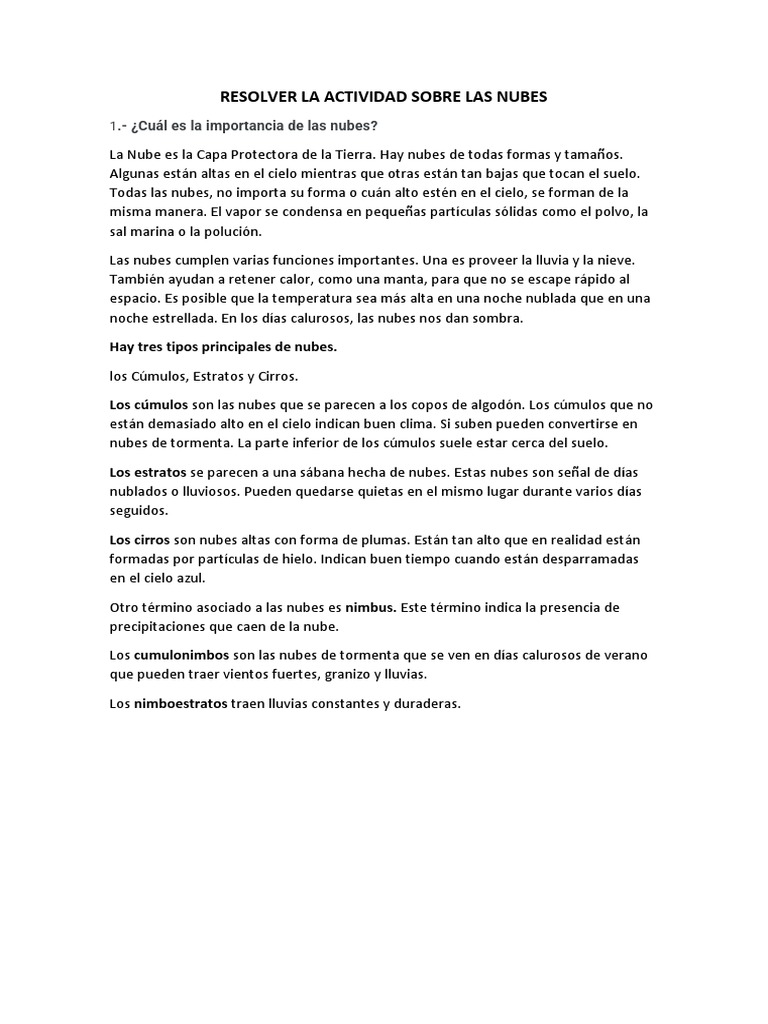 Actividad Sobre Las Nubes | PDF