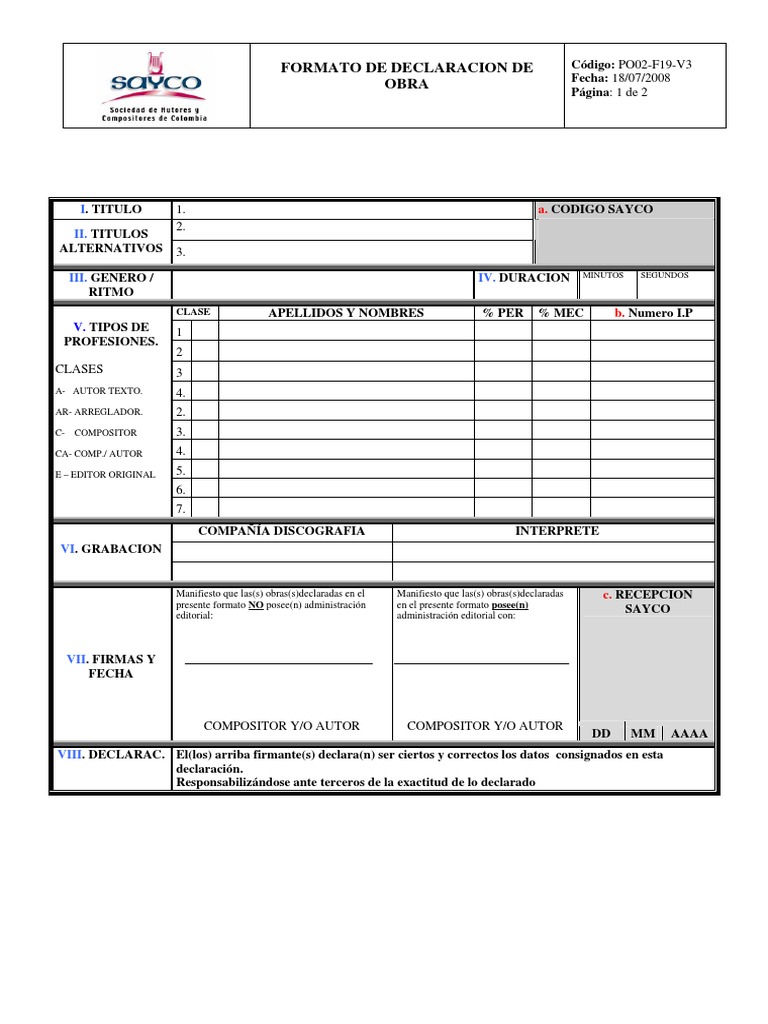 Formato Declaracion de Obra SAYCO | PDF