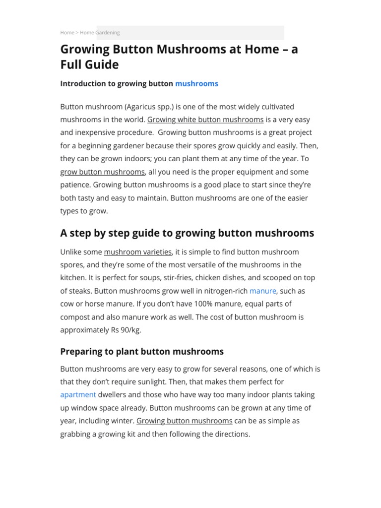 Growing Button Mushrooms at Home Guide | PDF | Mushroom | Compost