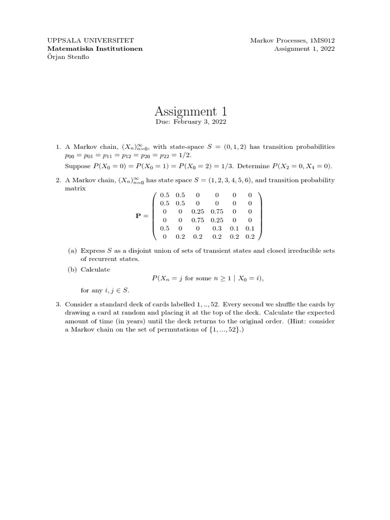 Markov Processes Assignment 1 Overview | PDF