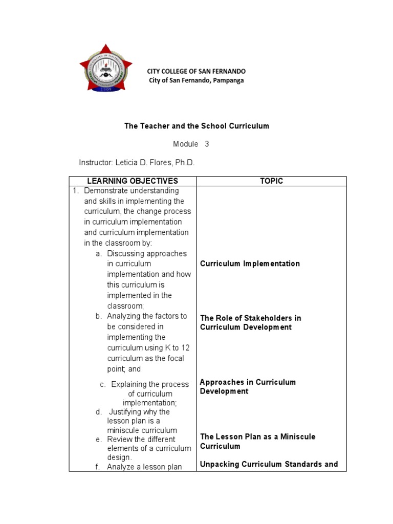 The Teacher and The School Curriculum Module 3 | PDF | Curriculum ...