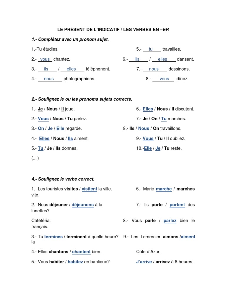 Verbes au Présent de l'Indicatif | PDF | Linguistique