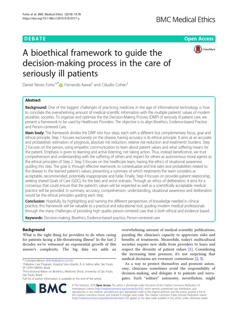 A Bioethical Framework To Guide The Decision-Making Process in The Care ...