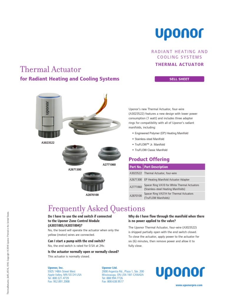 Uponor A2870100 Data Sheet | PDF | Actuator | Electrical Engineering