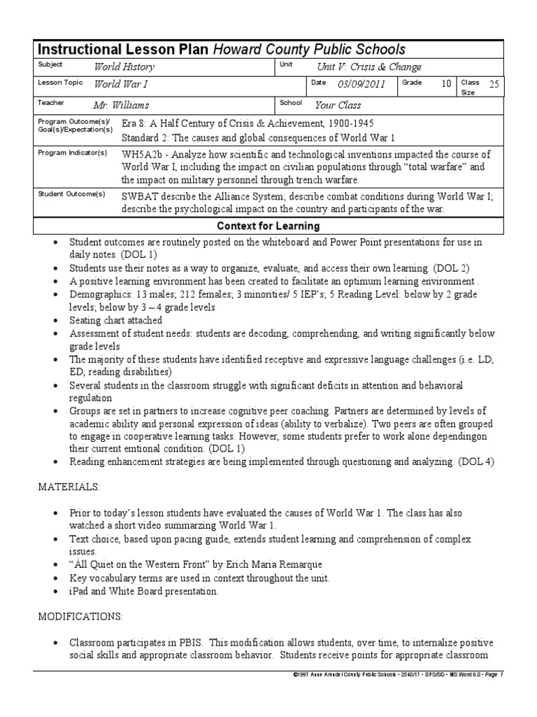 Lesson Plan - WW1 Trench Warfare | PDF | Reading Comprehension ...