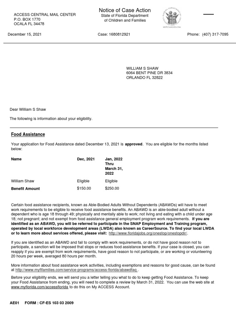 Notice of Case Action: Food Assistance | PDF | Supplemental Nutrition ...