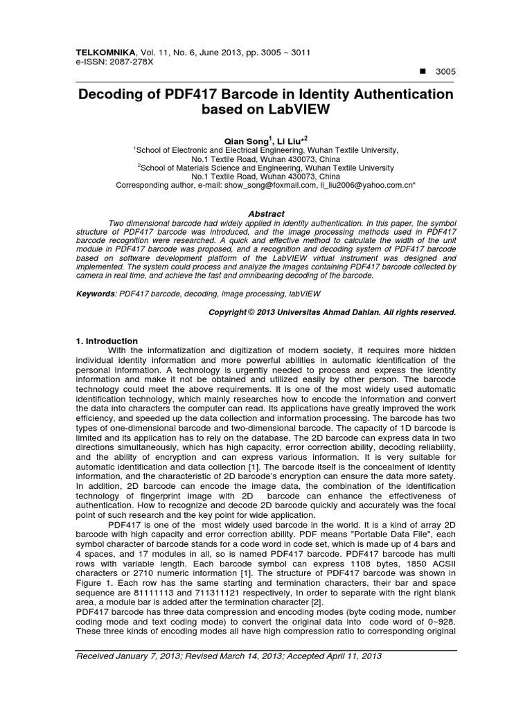 Decoding of PDF417 Barcode in Identity Authenticat | PDF | Barcode | Code