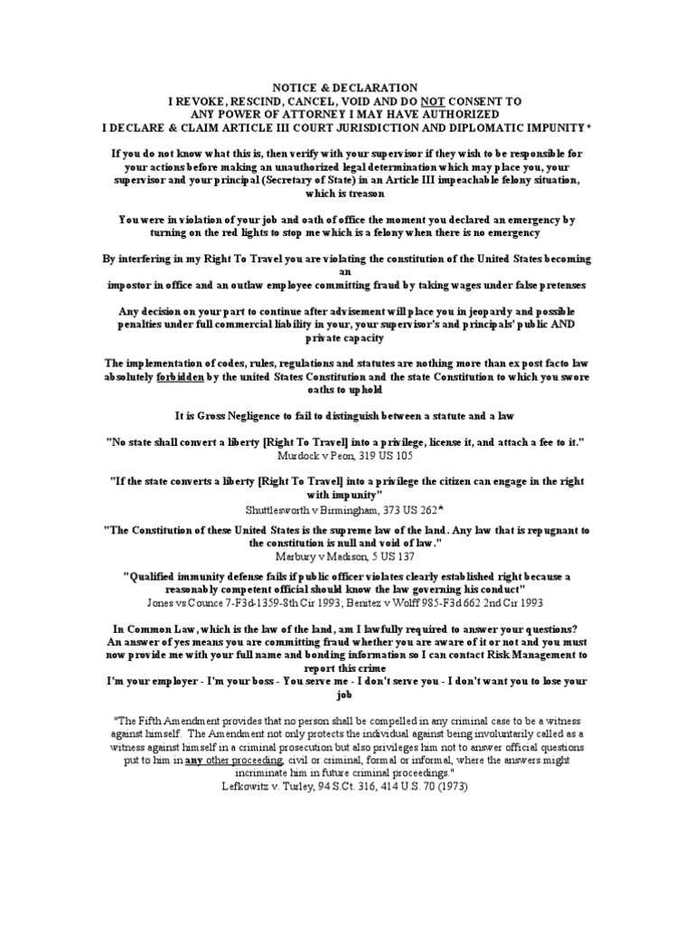 Notice To Cops | PDF | Article Three Of The United States Constitution ...