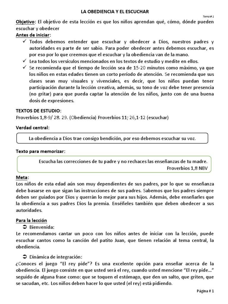 La Obediencia Y El Escuchar Leccion 1 Niñez Pdf Oración