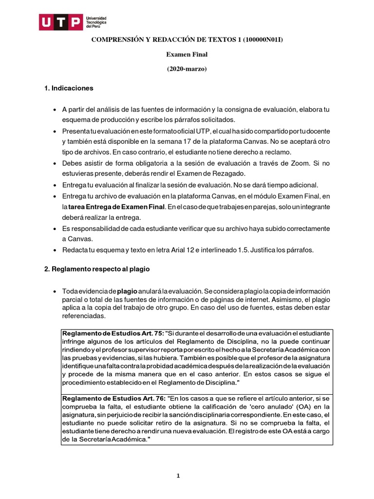 100000N01I COMPRENSIÓN Y REDACCIÓN DE TEXTOS 1-EXAMEN FINAL (Formato Oficial UTP) | PDF ...