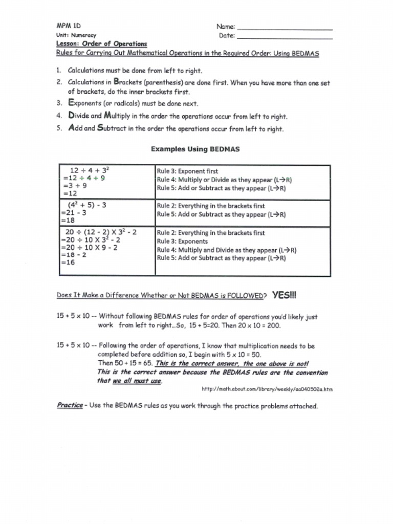 BEDMAS | PDF