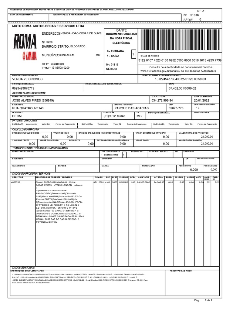 Nota fiscal de venda de uma motocicleta Yamaha XTZ250 Lander pelo valor ...