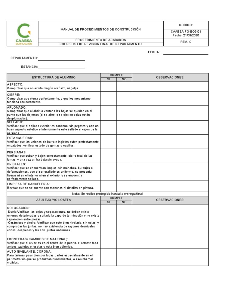 Check List Entrega de Departamento | PDF | Materiales de construcción ...