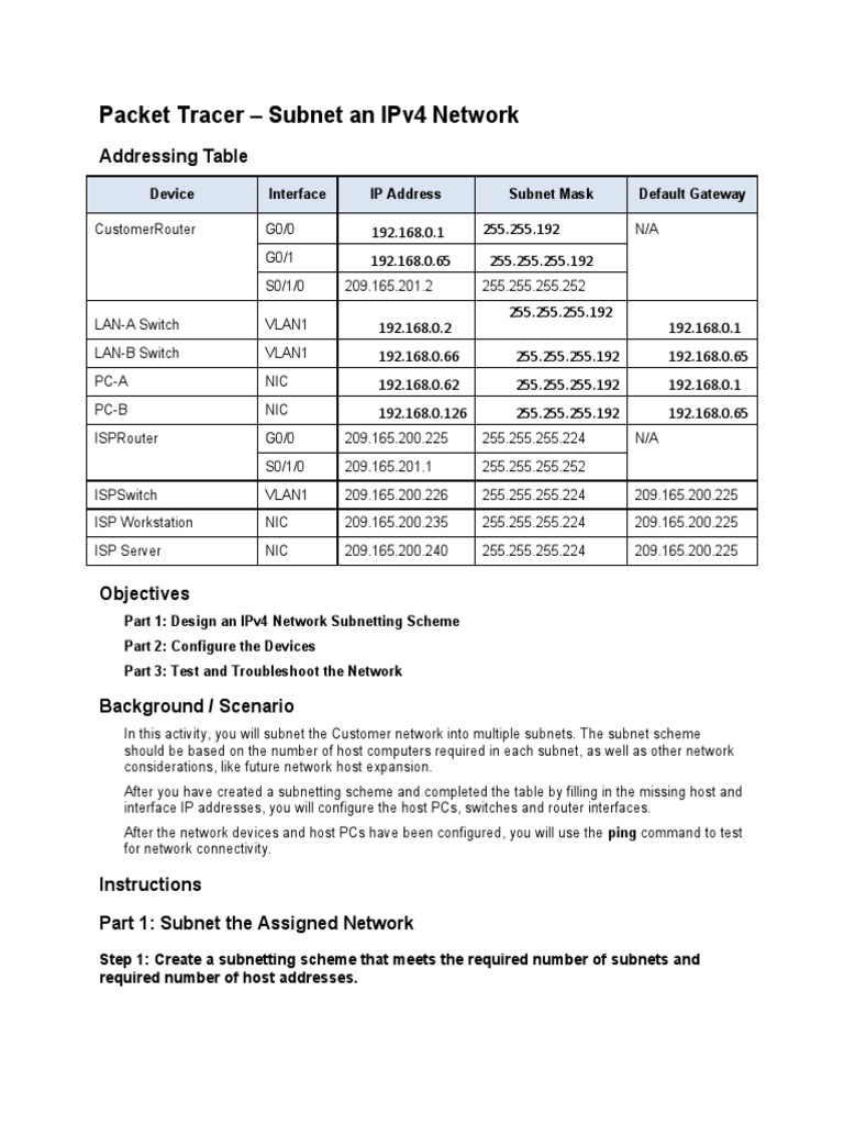 Packet Tracer - Subnet An Ipv4 Network: Addressing Table | Download Free PDF | Ip Address ...