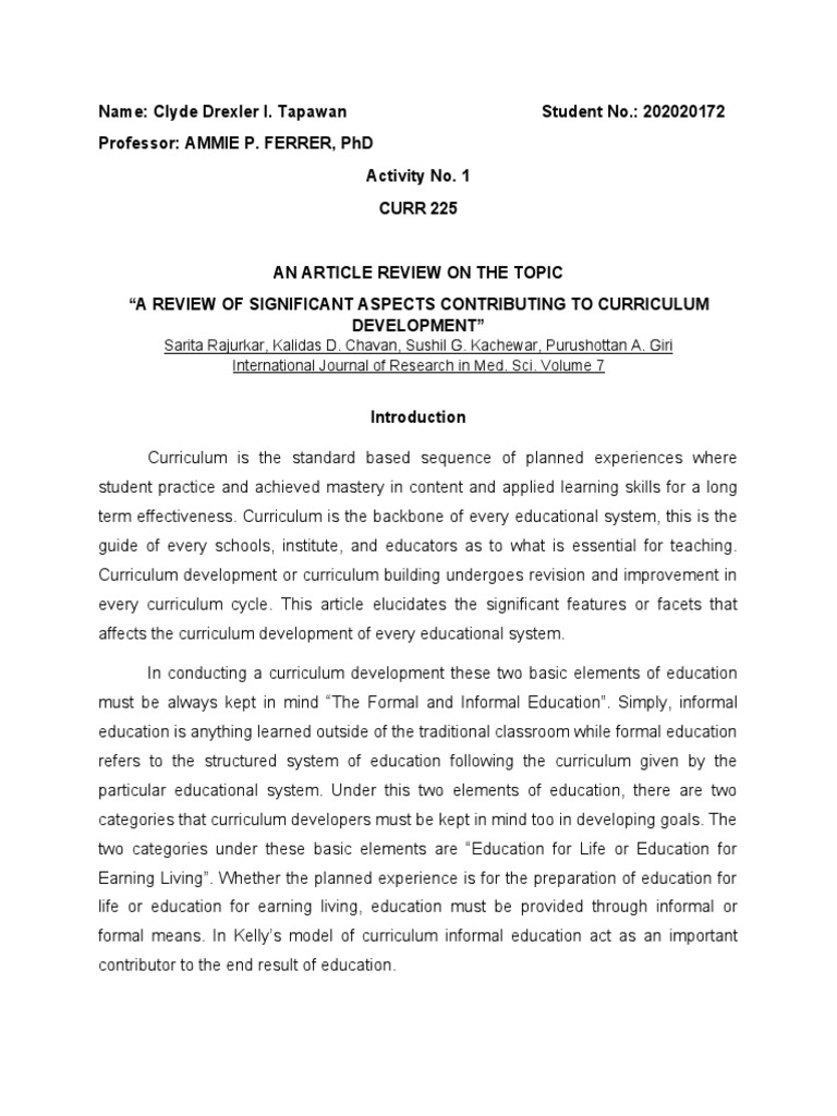 Article Review Act. No. 1, C.Tapawan | PDF | Curriculum | Teachers