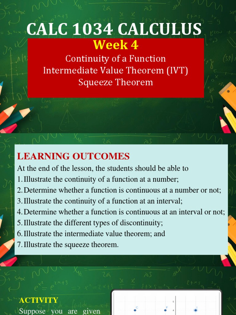 LMS Week 4 CALC 1034 Continuity IVT Squeeze Theorem | PDF | Continuous Function | Function ...