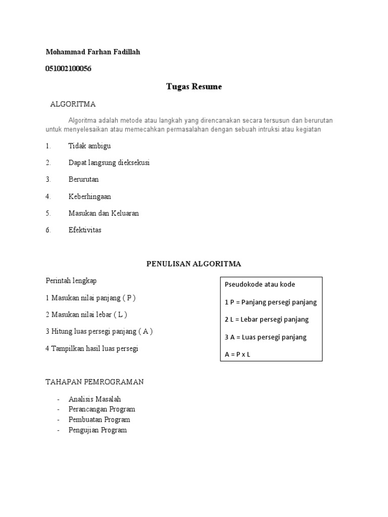Algoritma Dan Pemrograman - ''Resume Materi Pertemuan'' - 051002100056 - Mohammad Farhan ...