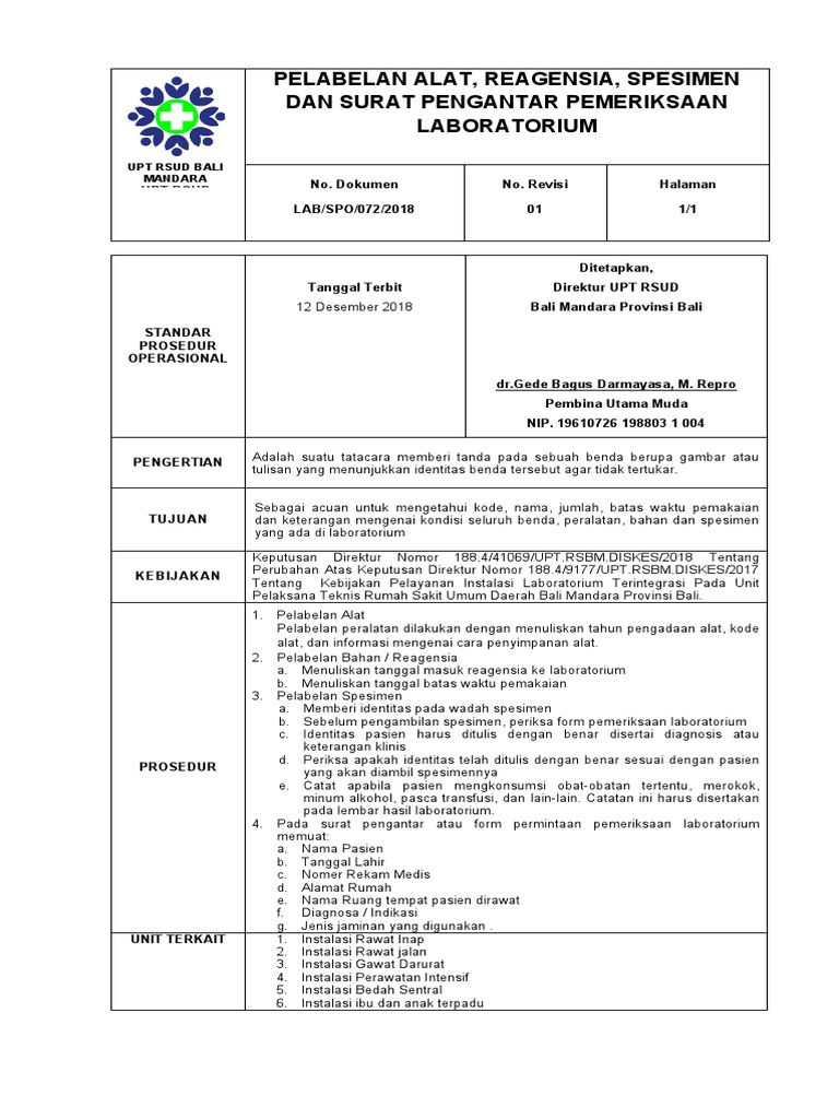 072 Spo Pelabelan Alat, Reagensia, Spesimen Dan Surat Pengantar ...