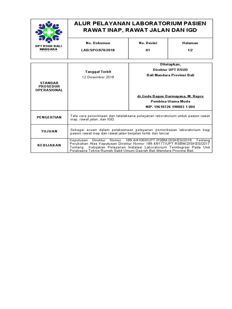 078 Spo Alur Pelayanan Laboratorium Pasien Rawat Inap, Rawat Jalan Dan ...