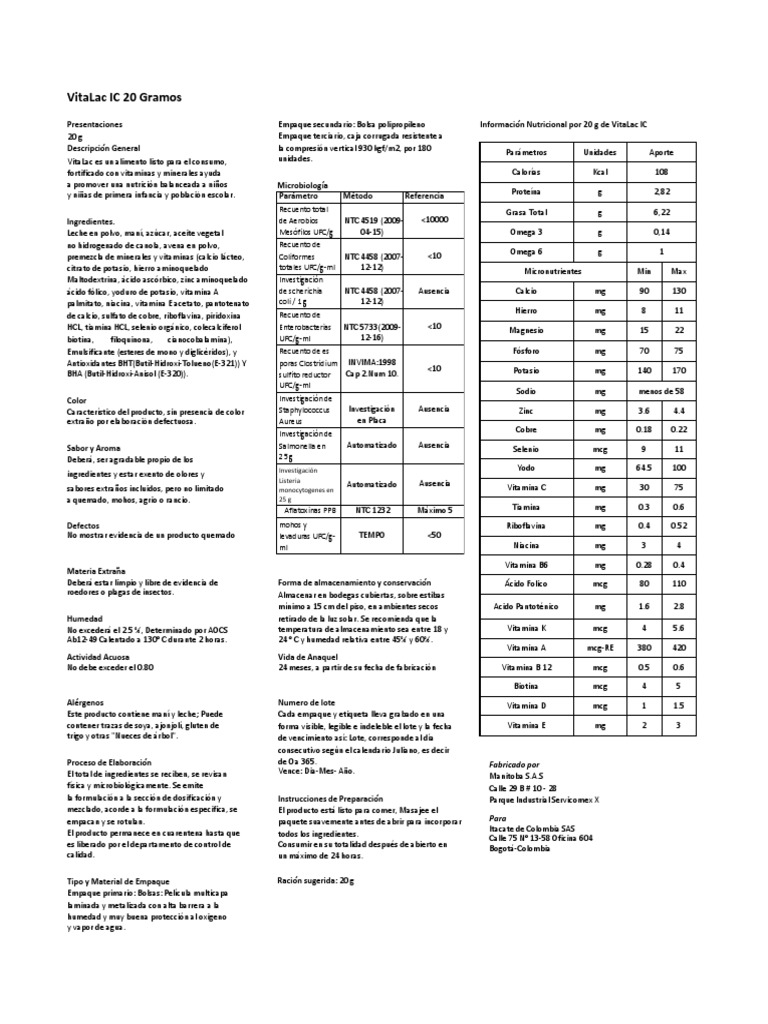 FT VITALAC IC 20 G - 6sep2021 | PDF | Vitamina | Nutrición