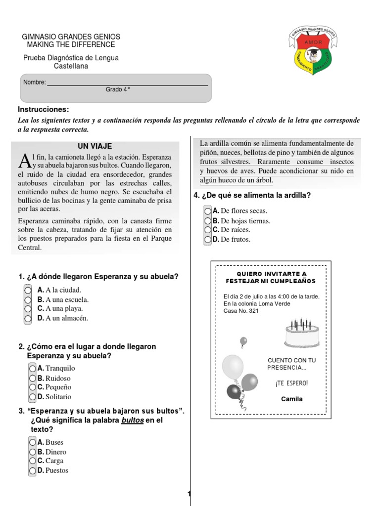 Prueba Diagnóstica 4º Español | PDF | Rosa