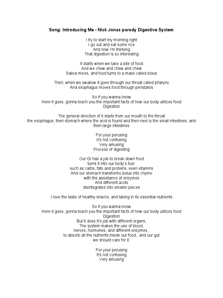 Song: Introducing Me - Nick Jonas Parody Digestive System | PDF ...