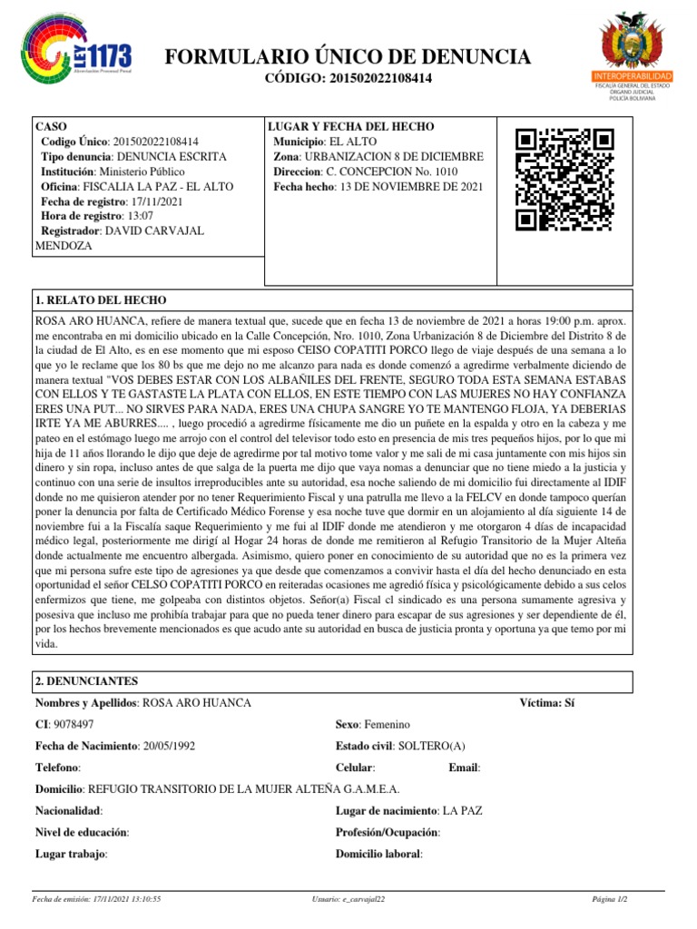 Formulario Unico de Denuncia | PDF