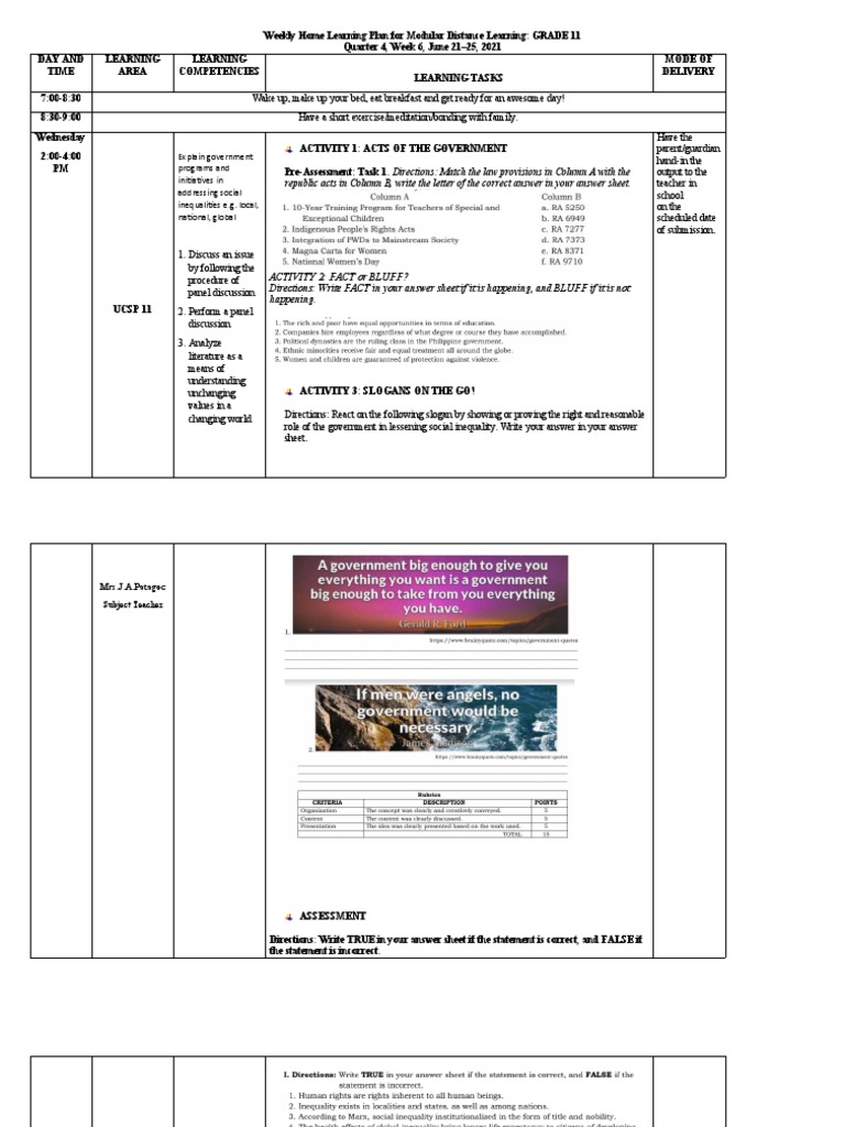 Grade 11 Weekly Learning Plan: June 2021 | PDF | Education Theory ...