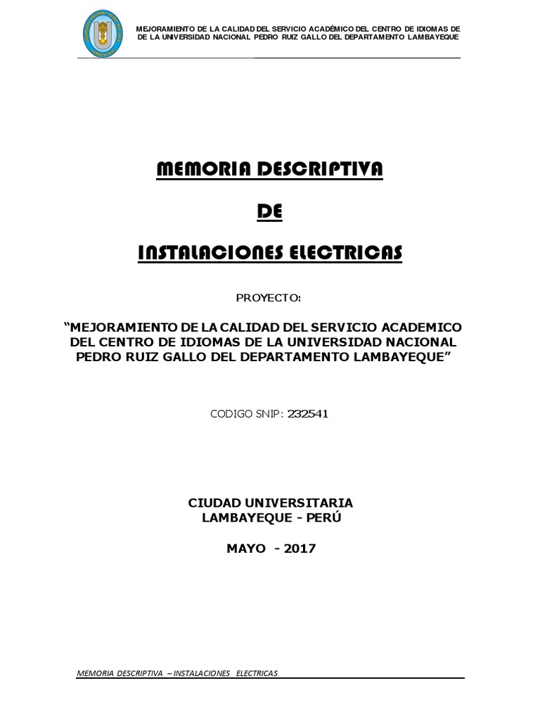 Memoria Descriptiva - Instalaciones Eléctricas | PDF | Aislador (Electricidad) | Cableado eléctrico