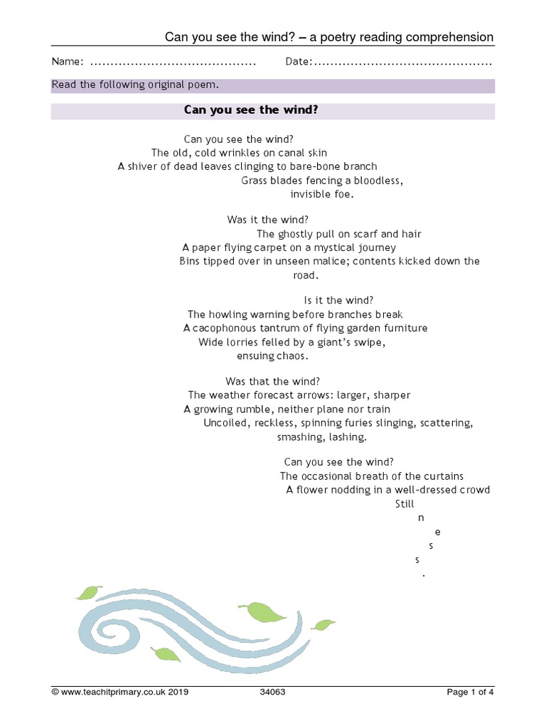 (410521) Can You See The Wind A Poetry Reading Comprehension | PDF ...